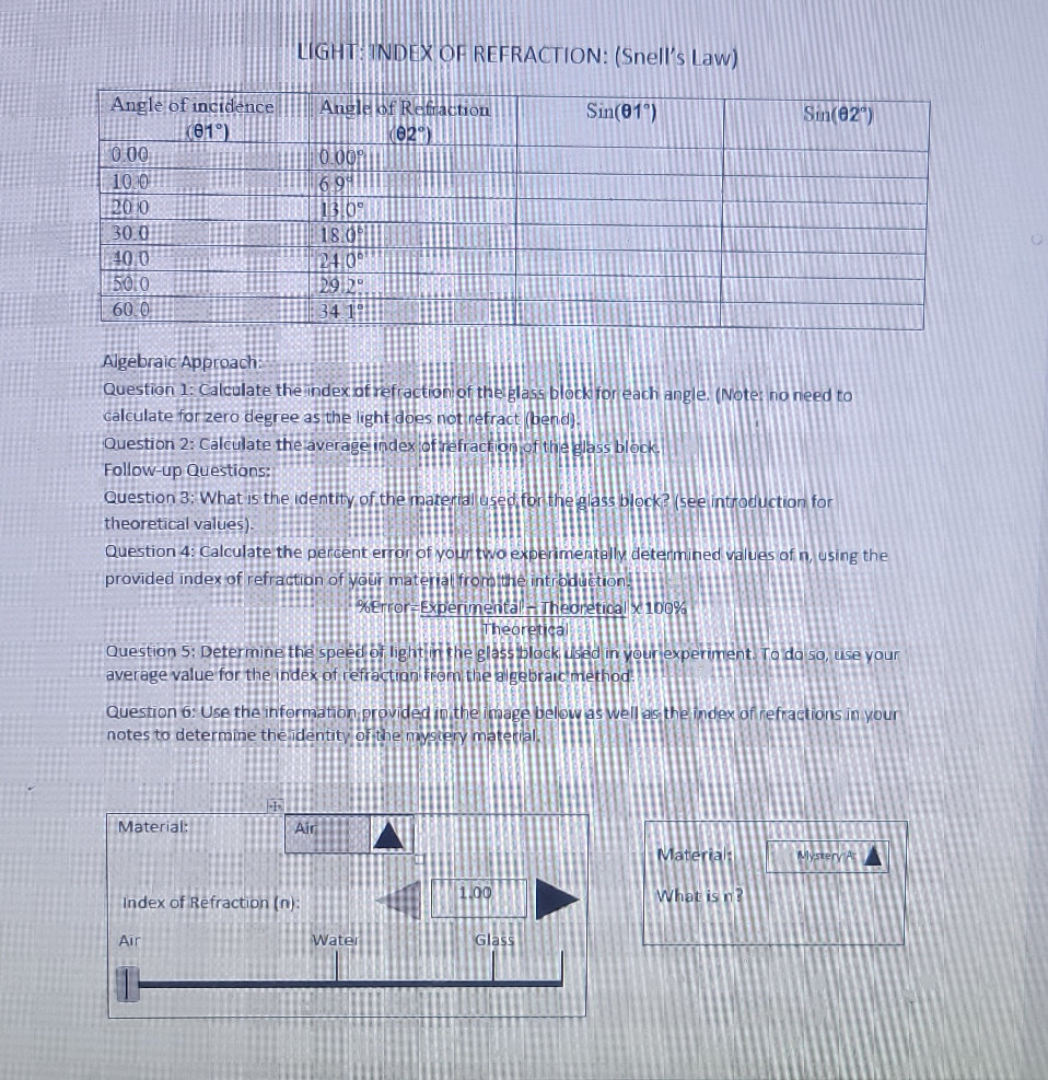 LIGHT: INDEX OF REFRACTION: (Snell's Law) | | StudyX