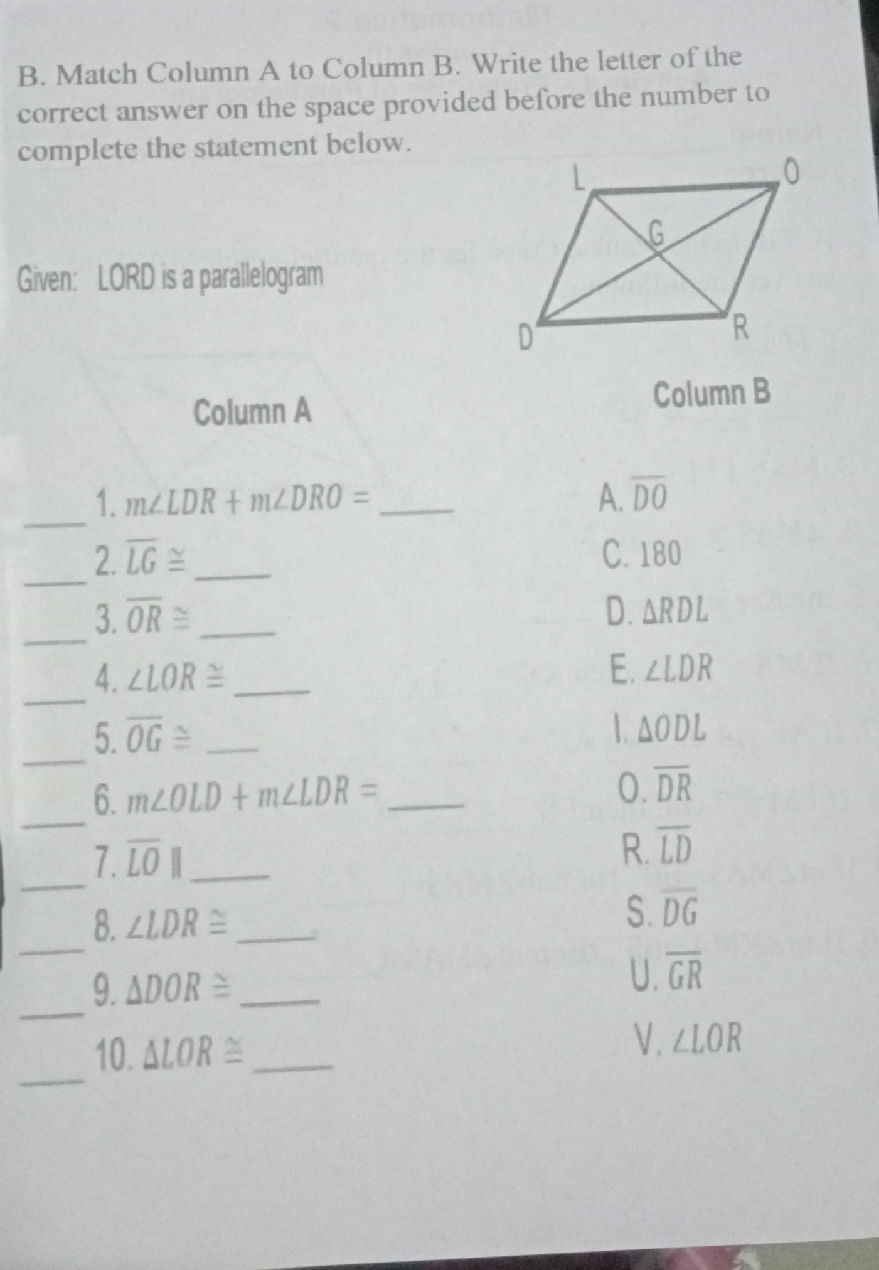 B. Match Column A to Column B. Write the | StudyX