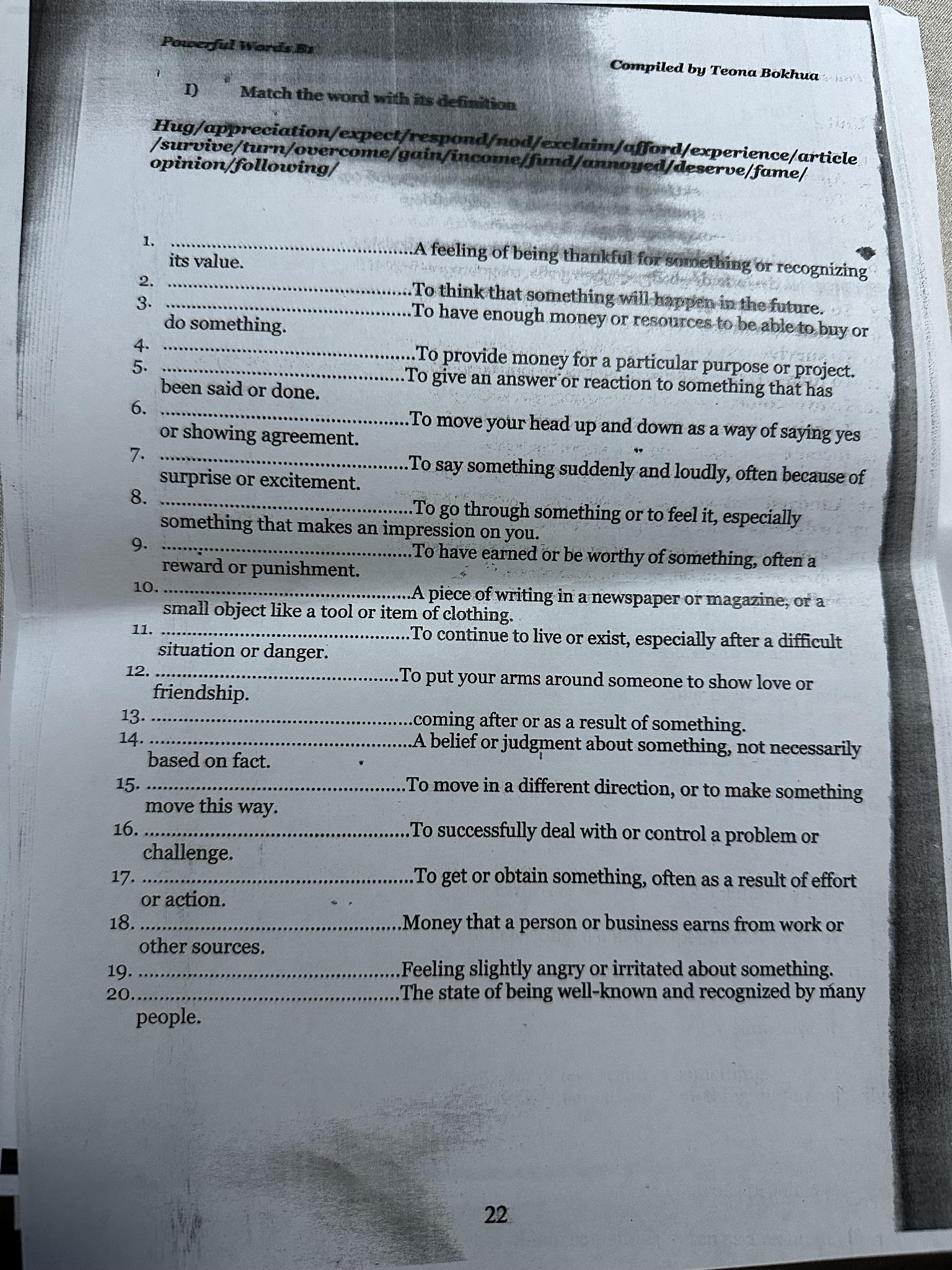 I) Match the word with its definition | StudyX