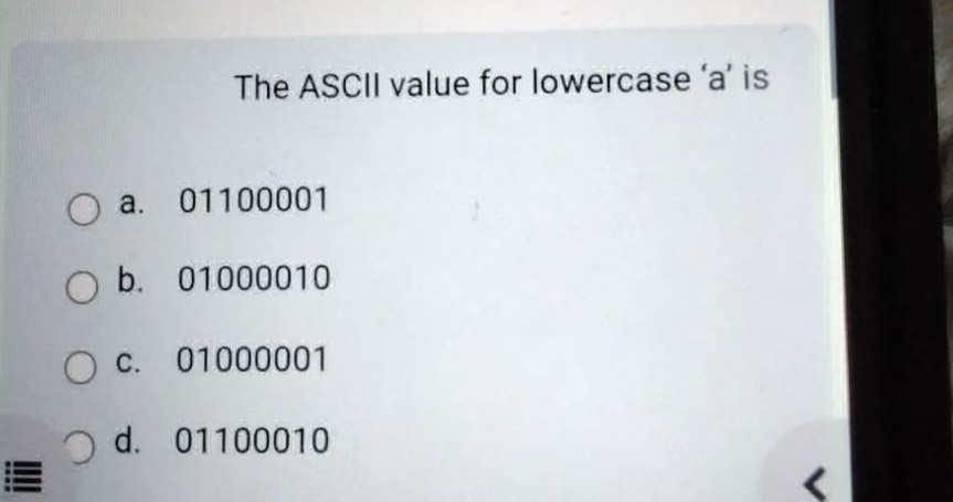 The ASCII value for lowercase 'a' is a. | StudyX