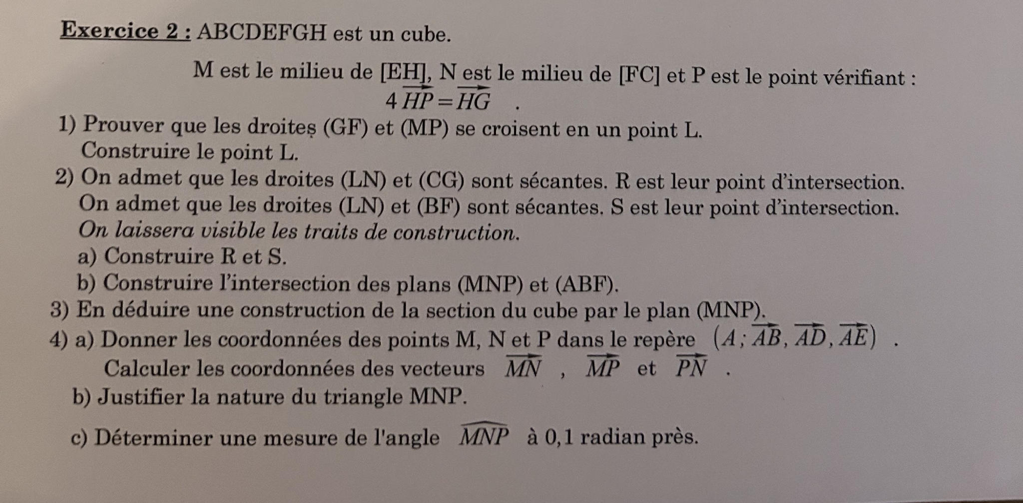 Exercice 2 : ABCDEFGH est un cube. M est le | StudyX