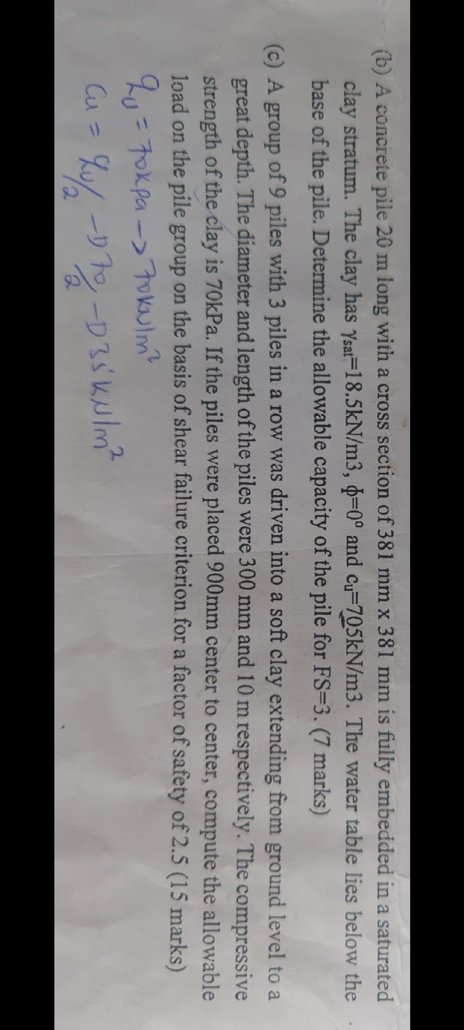 (b) A concrete pile 20 m long with a cross | StudyX