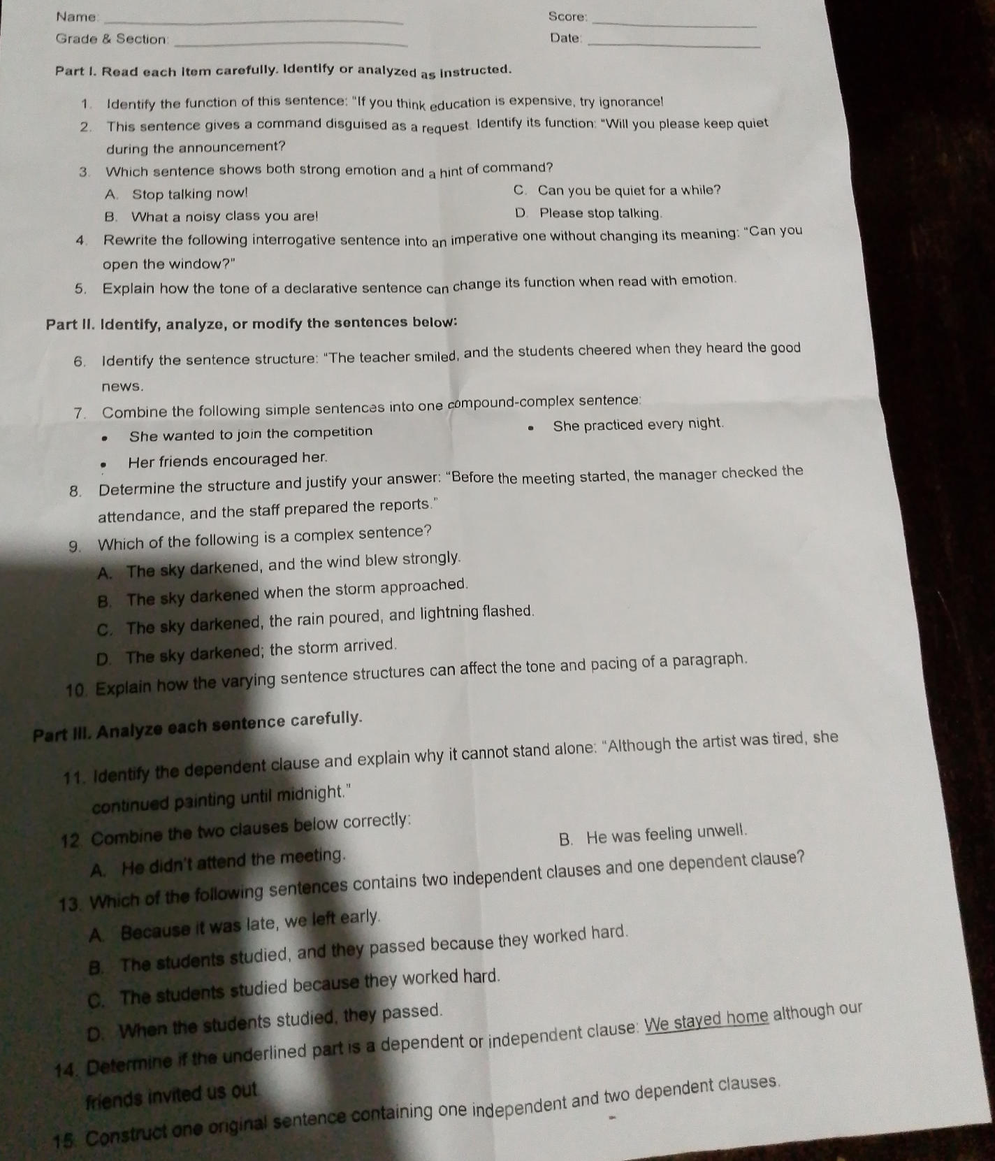 Part I. Read each item carefully. Identify | StudyX