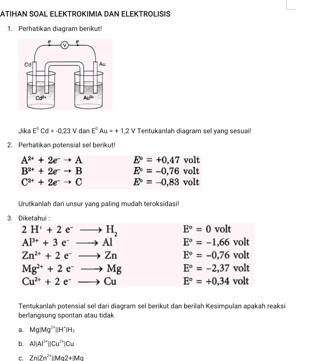 ATIHAN SOAL ELEKTROKIMIA DAN ELEKTROLISIS | StudyX
