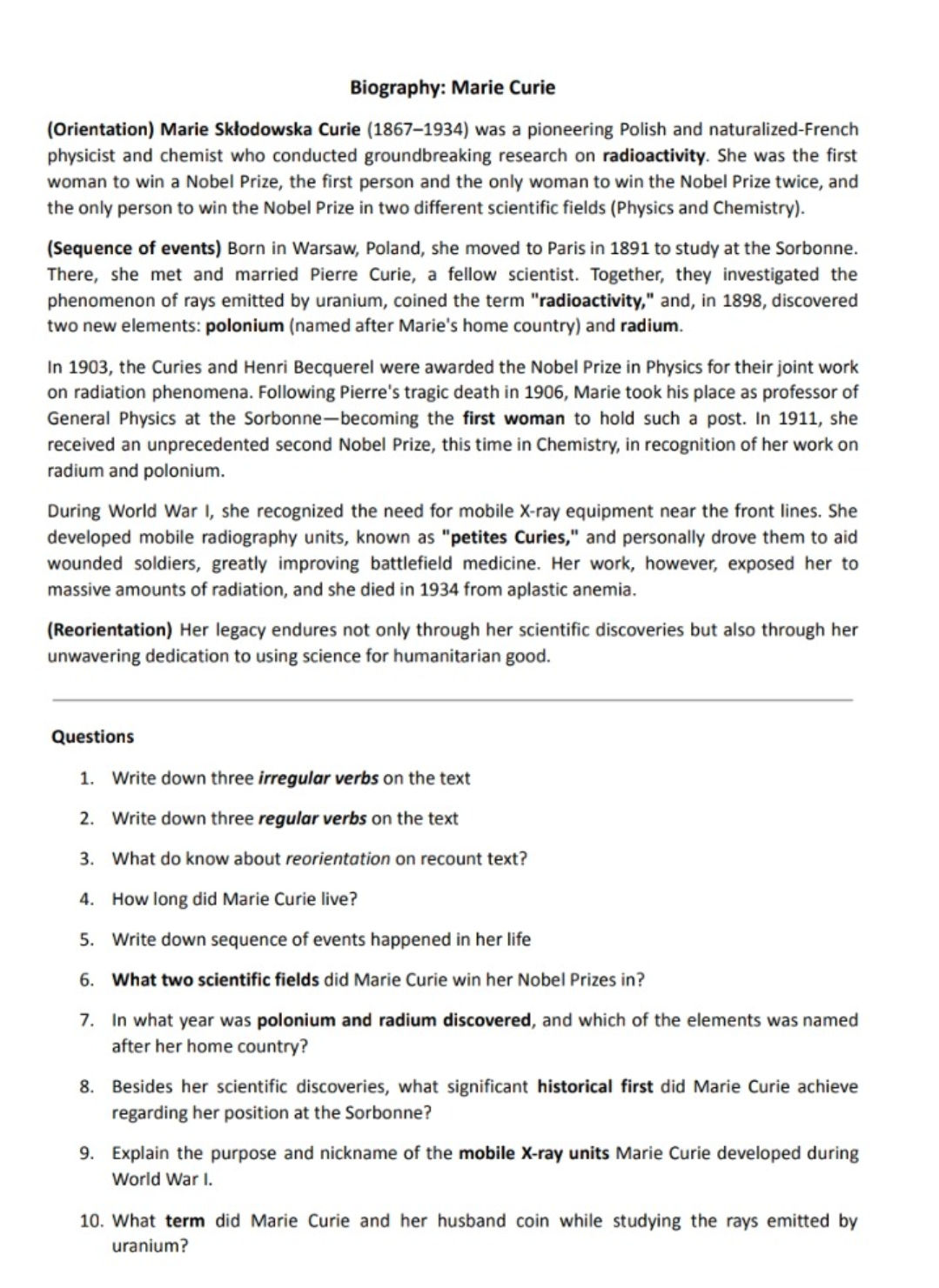 Biography: Marie Curie (Orientation) Marie | StudyX