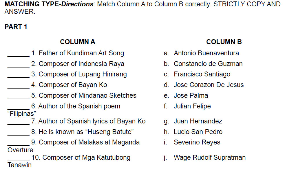MATCHING TYPE-Directions: Match Column A to | StudyX