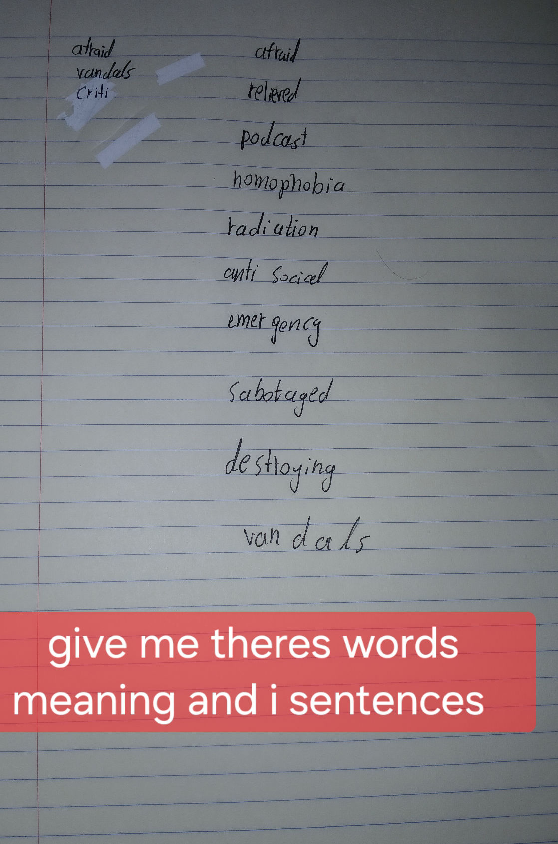 Words list: atraid (appears twice) vandals | StudyX