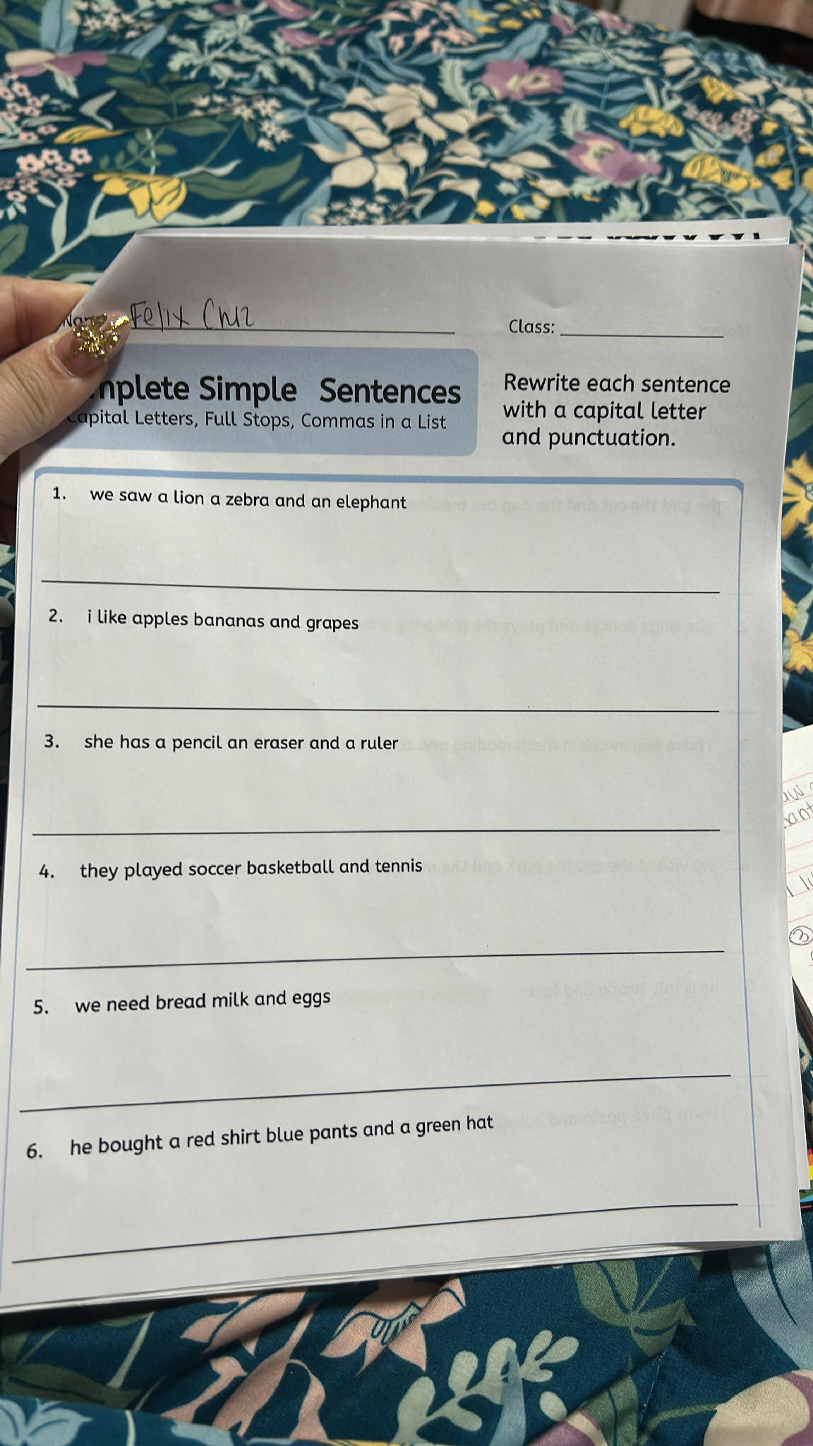 nplete Simple Sentences Capital Letters, | StudyX