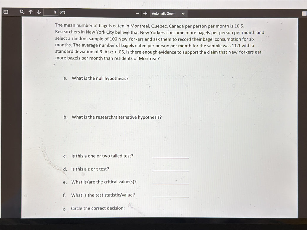 The mean number of bagels eaten in Montreal, | StudyX