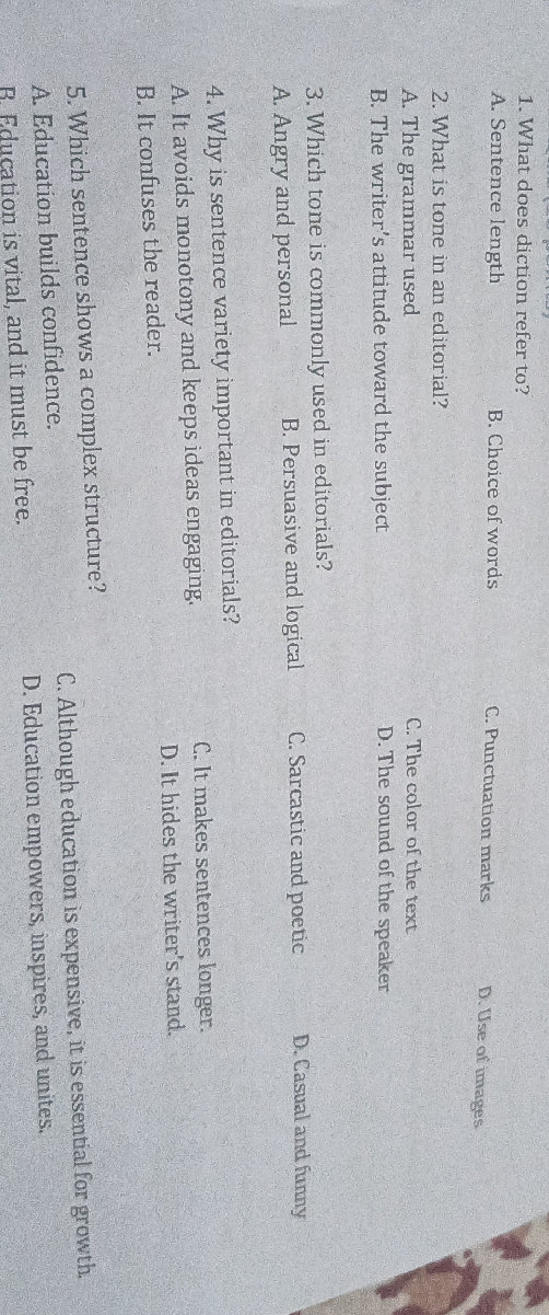 1. What does diction refer to? A. Sentence | StudyX