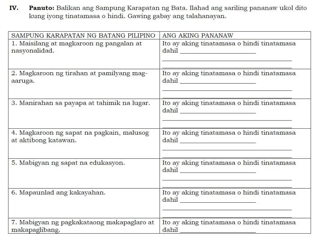 IV. Panuto: Balikan ang Sampung Karapatan ng | StudyX