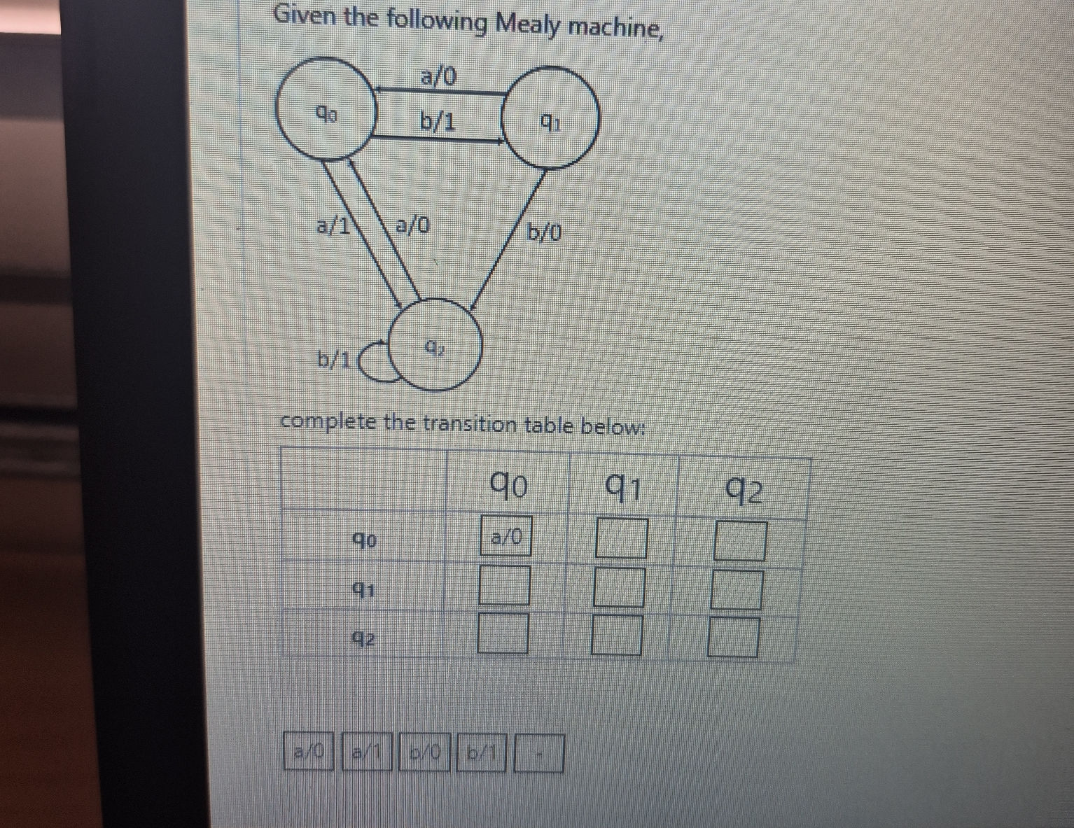 Given the following Mealy machine, [State | StudyX