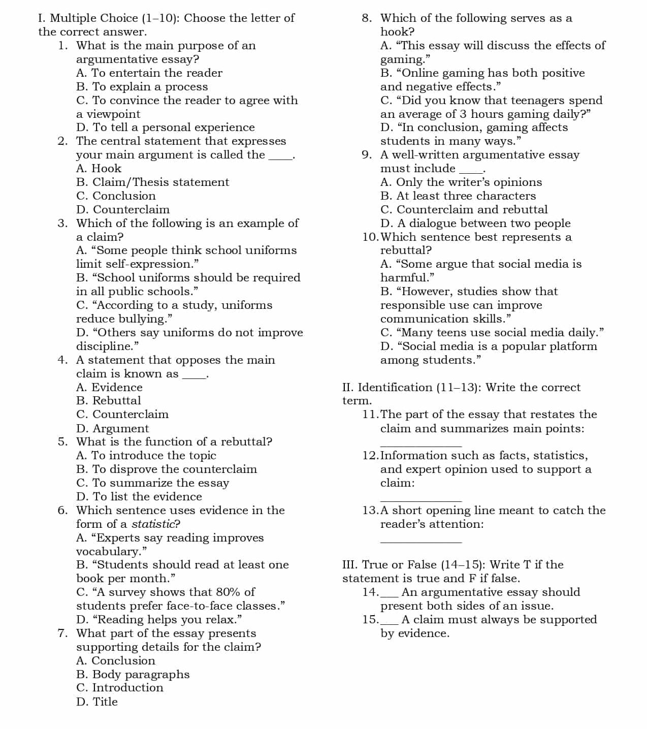 II. Identification (11-13): Write the | StudyX