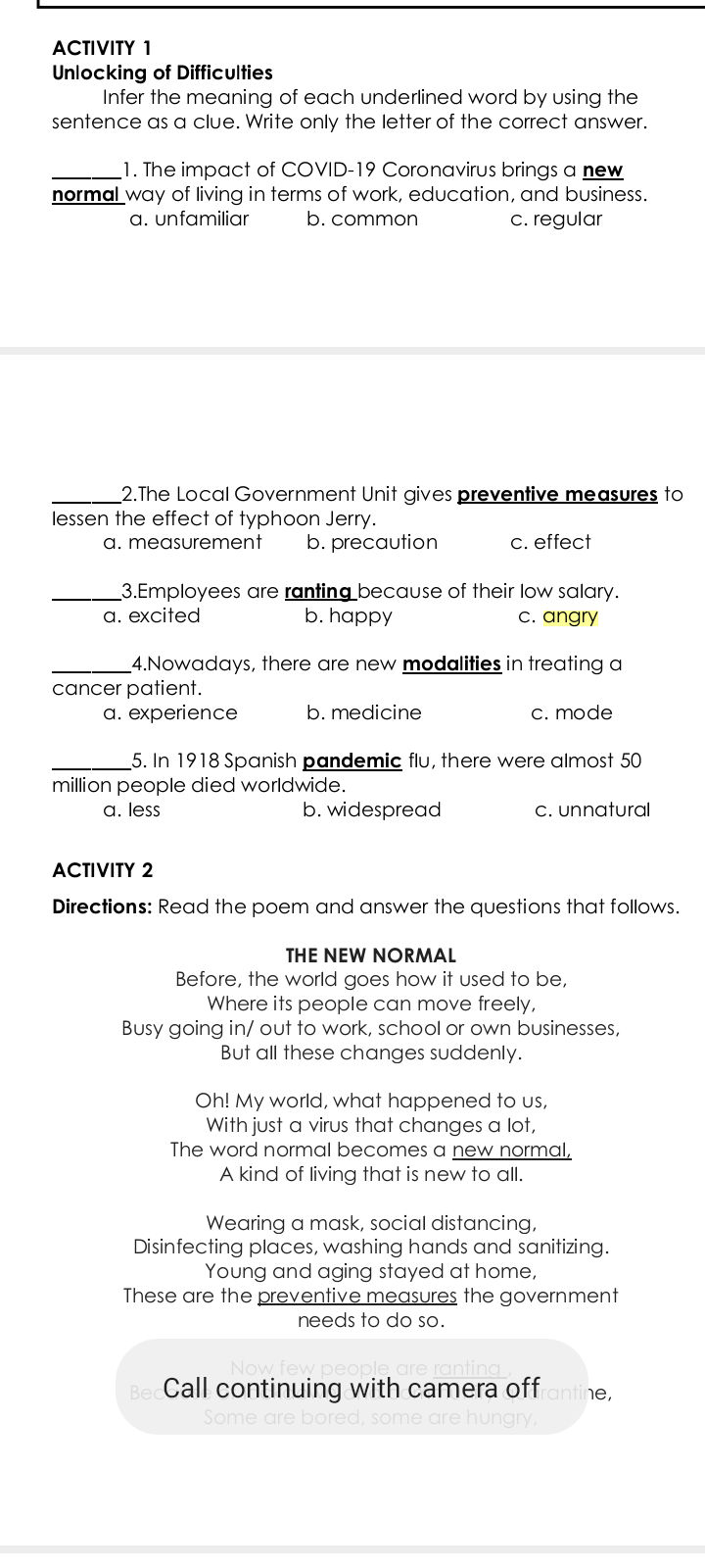 ACTIVITY 1 Unlocking of Difficulties Infer | StudyX