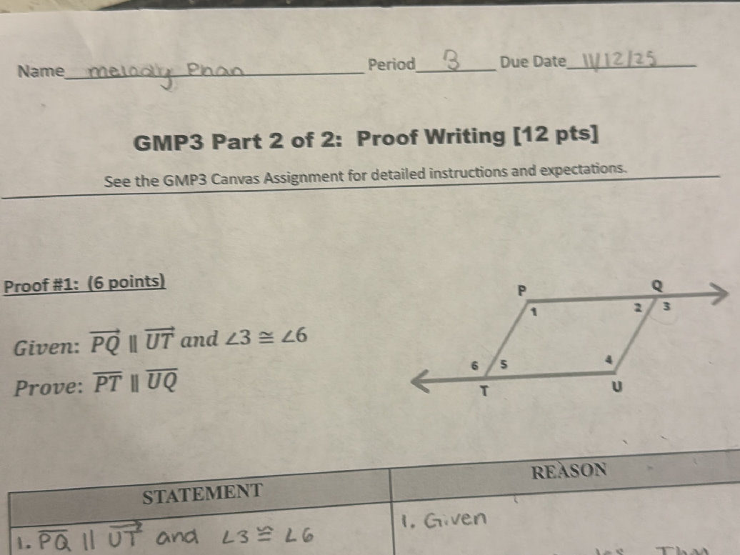 Proof #1: (6 points) Given: $ {PQ} {UT}$ | StudyX