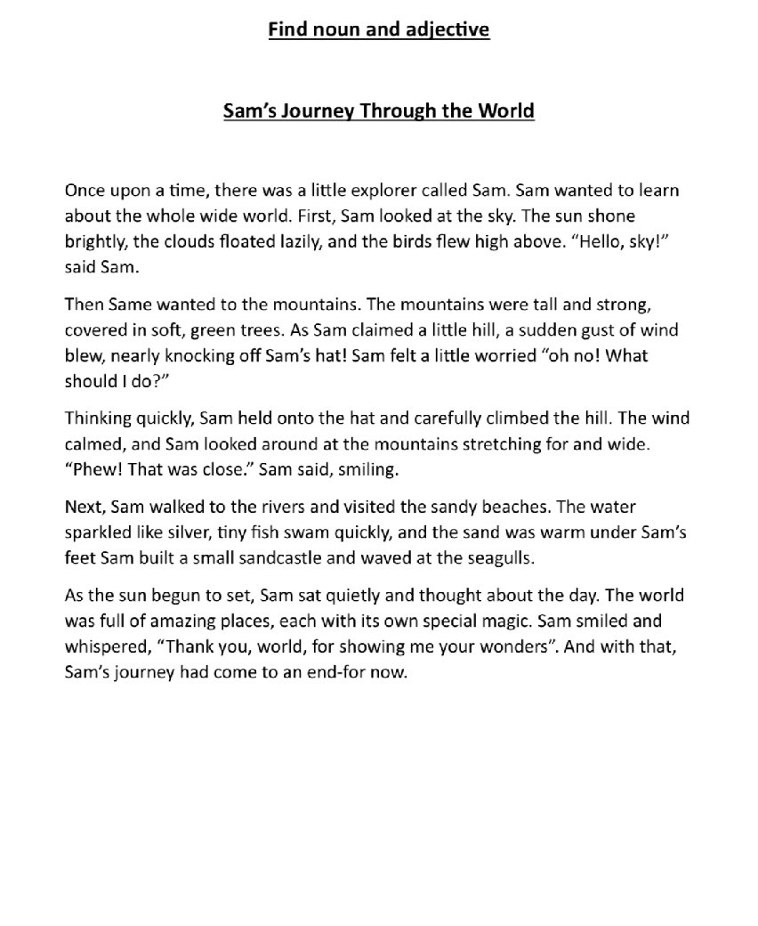 Find noun and adjective Sam's Journey | StudyX