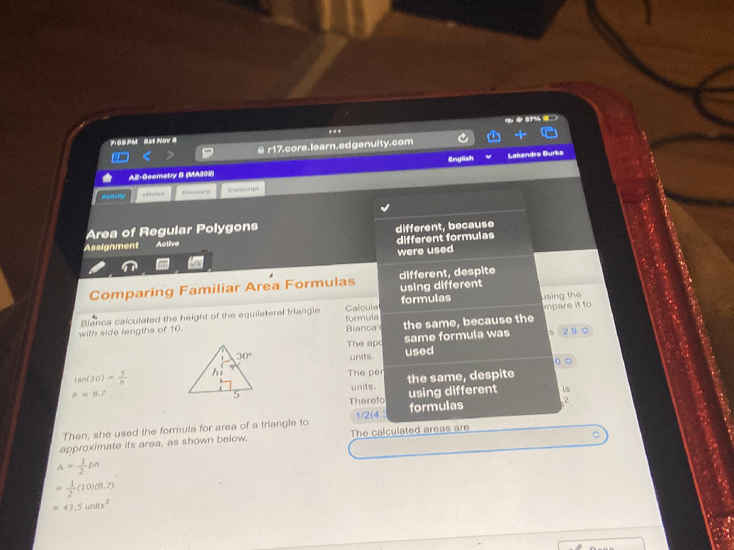 Comparing Familiar Area Formulas Blanca