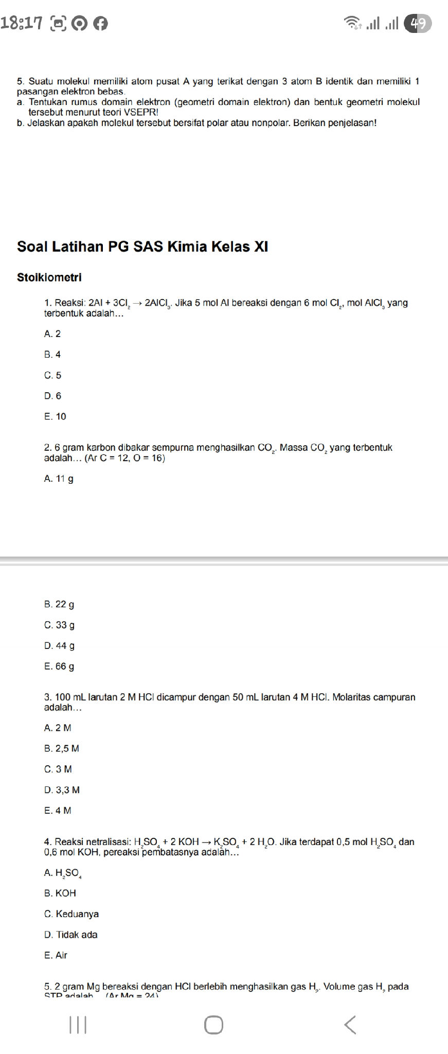 5. Suatu molekul memiliki atom pusat A yang | StudyX