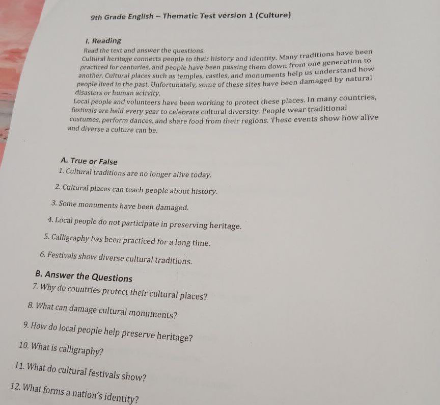 9th Grade English - Thematic Test version 1 | StudyX