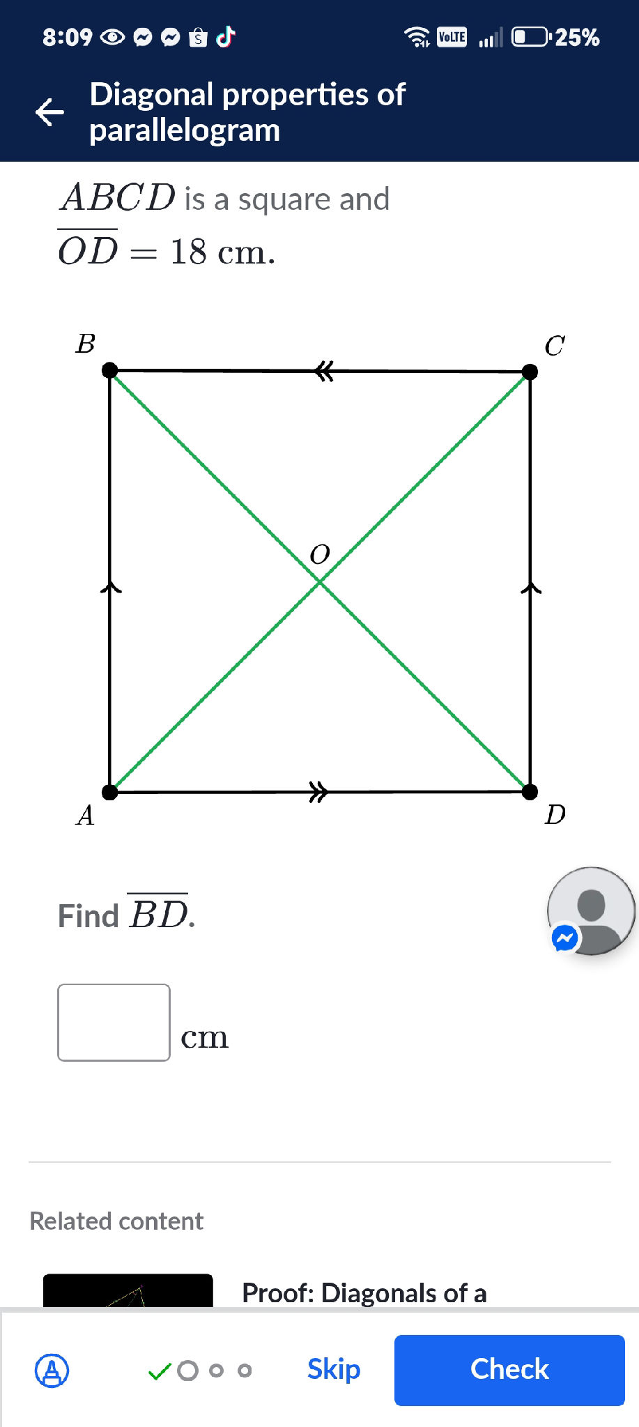 Given $ABCD$ is a square and $ {OD} = 18 { | StudyX