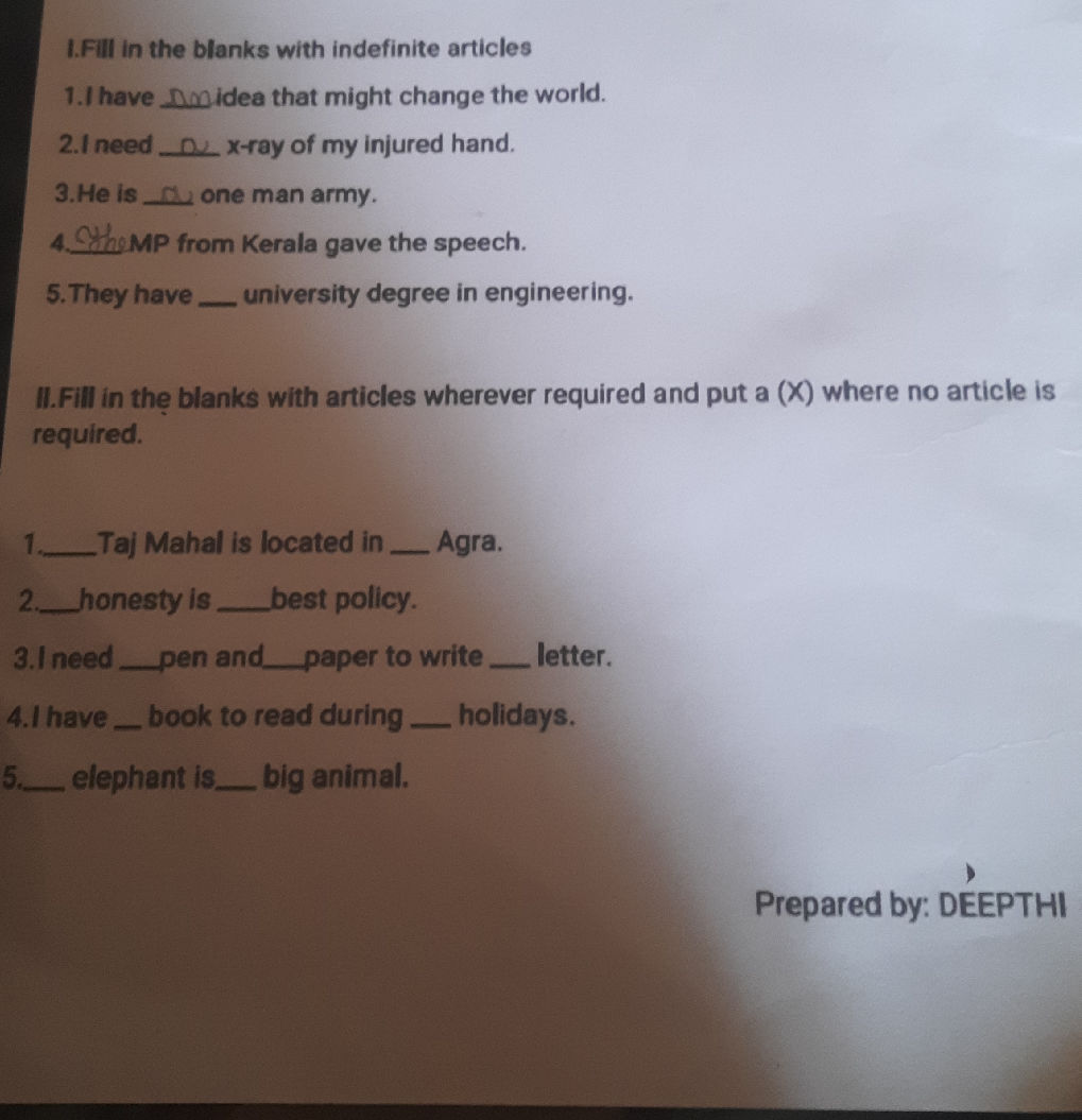 I.Fill in the blanks with indefinite | StudyX