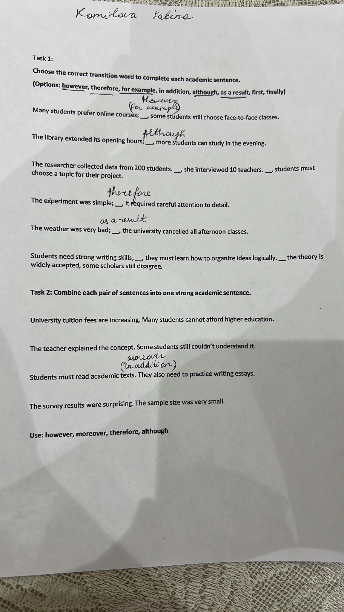 Task 1: Choose the correct transition word | StudyX