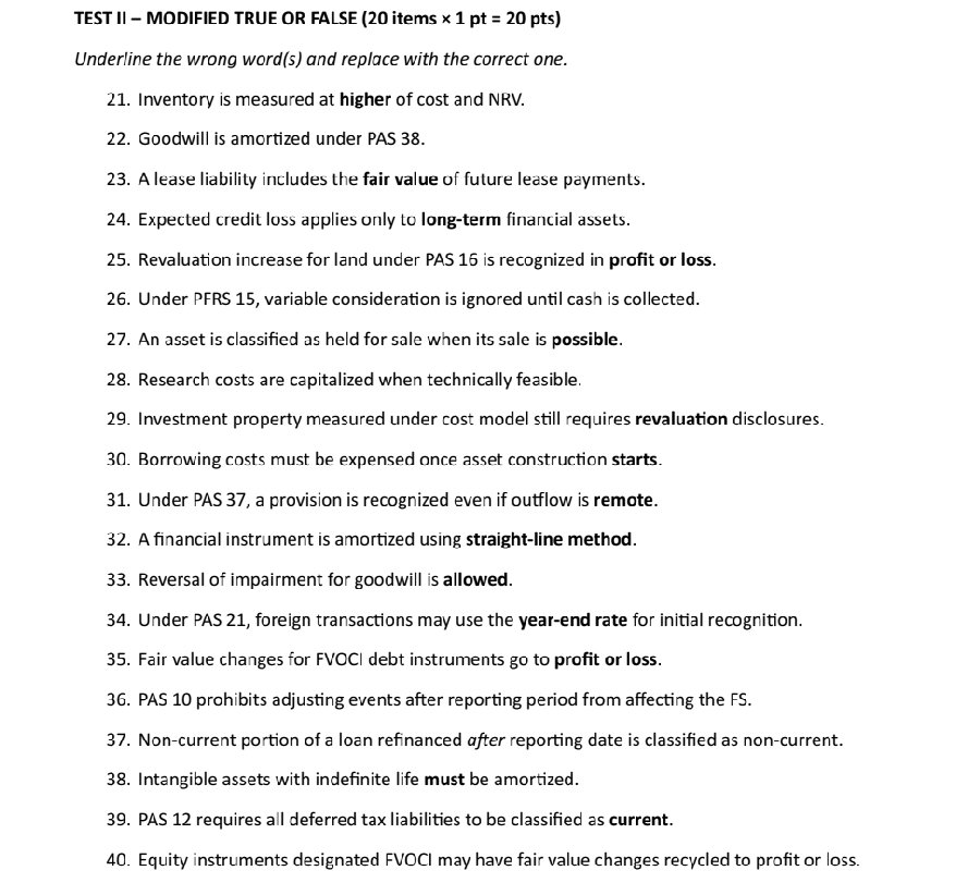 TEST II – MODIFIED TRUE OR FALSE (20 items x | StudyX