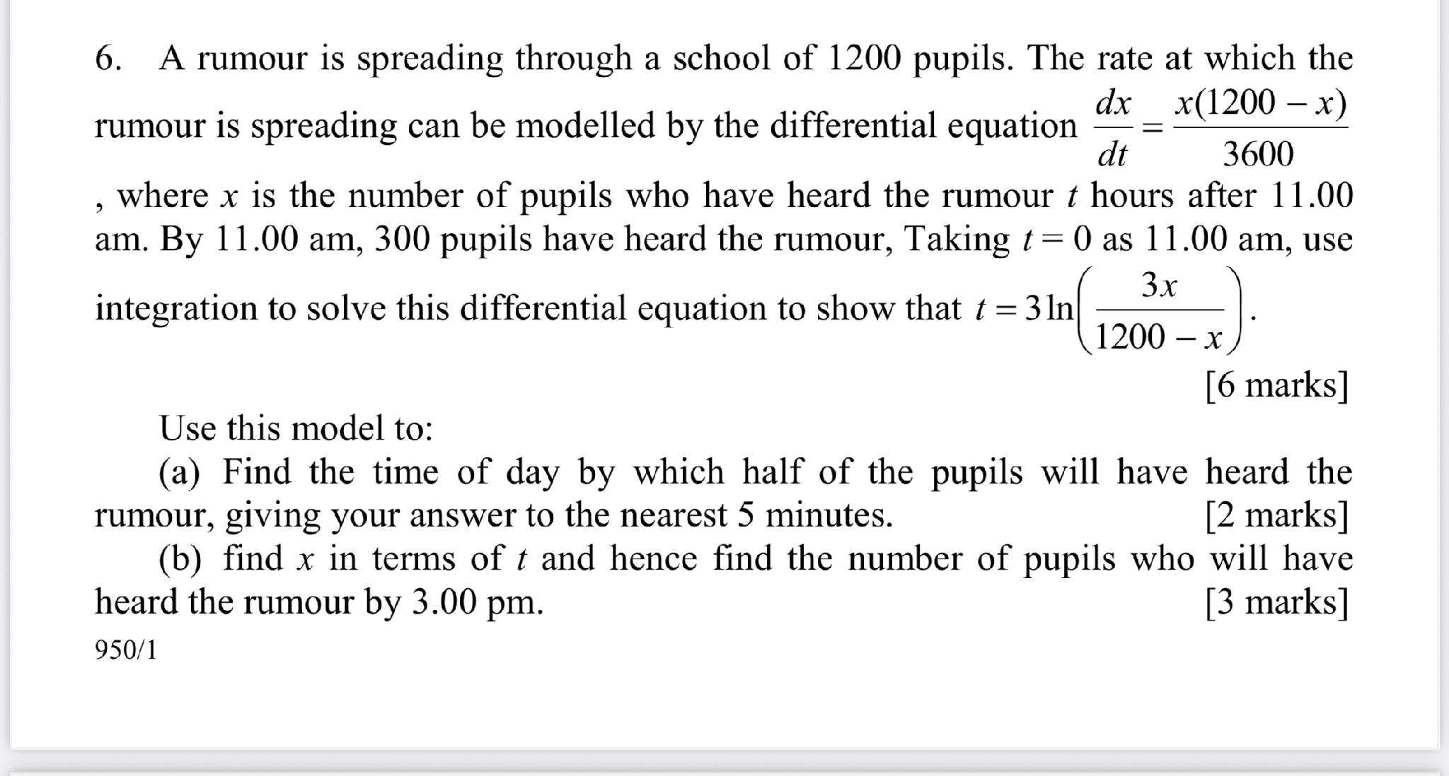 6. A rumour is spreading through a school of | StudyX