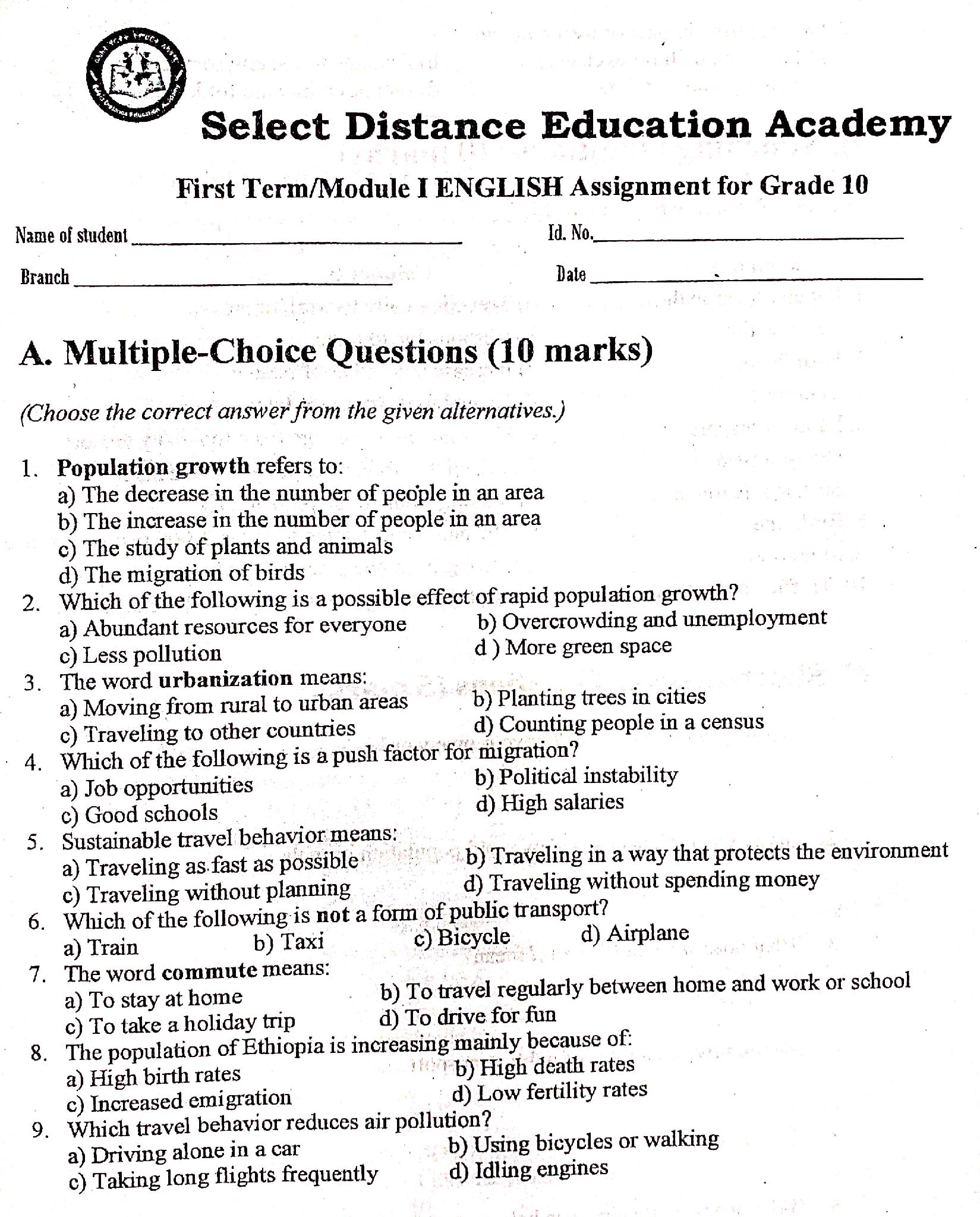 A. Multiple-Choice Questions (10 marks) | StudyX