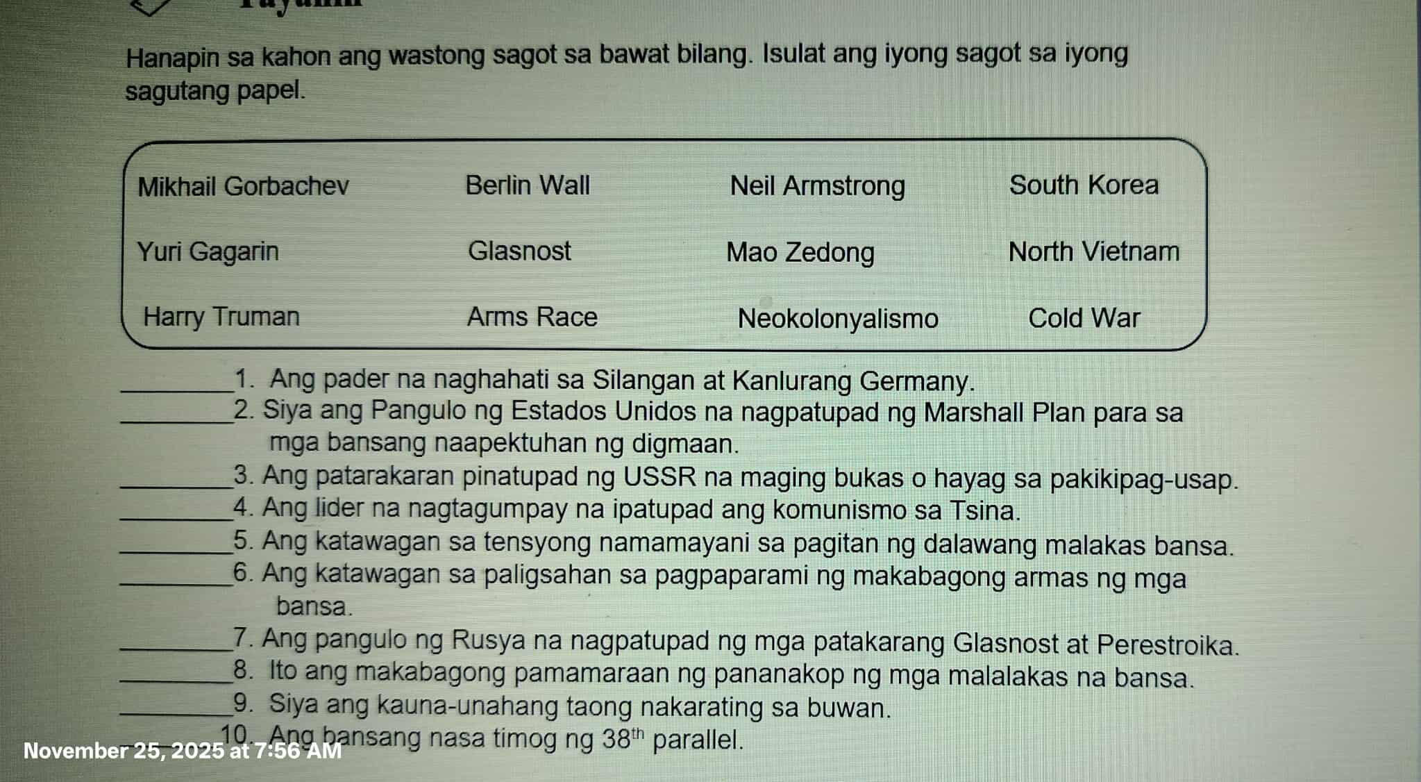 Hanapin sa kahon ang wastong sagot sa bawat | StudyX