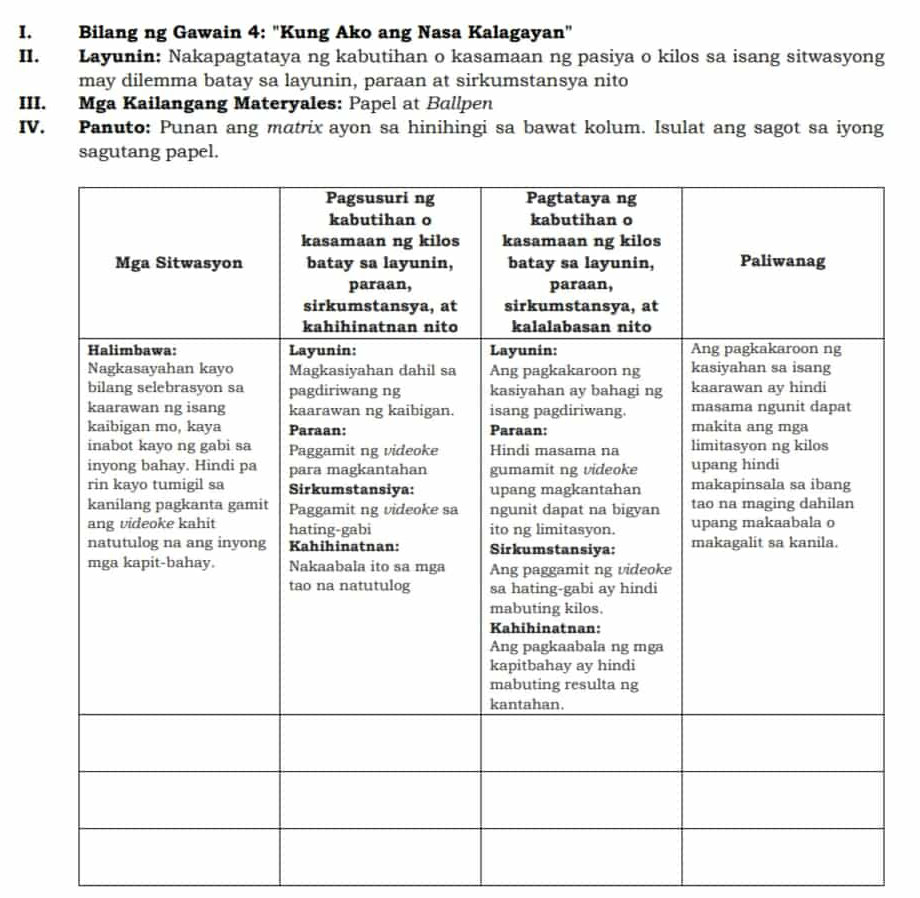 I. Bilang ng Gawain 4: "Kung Ako ang Nasa | StudyX