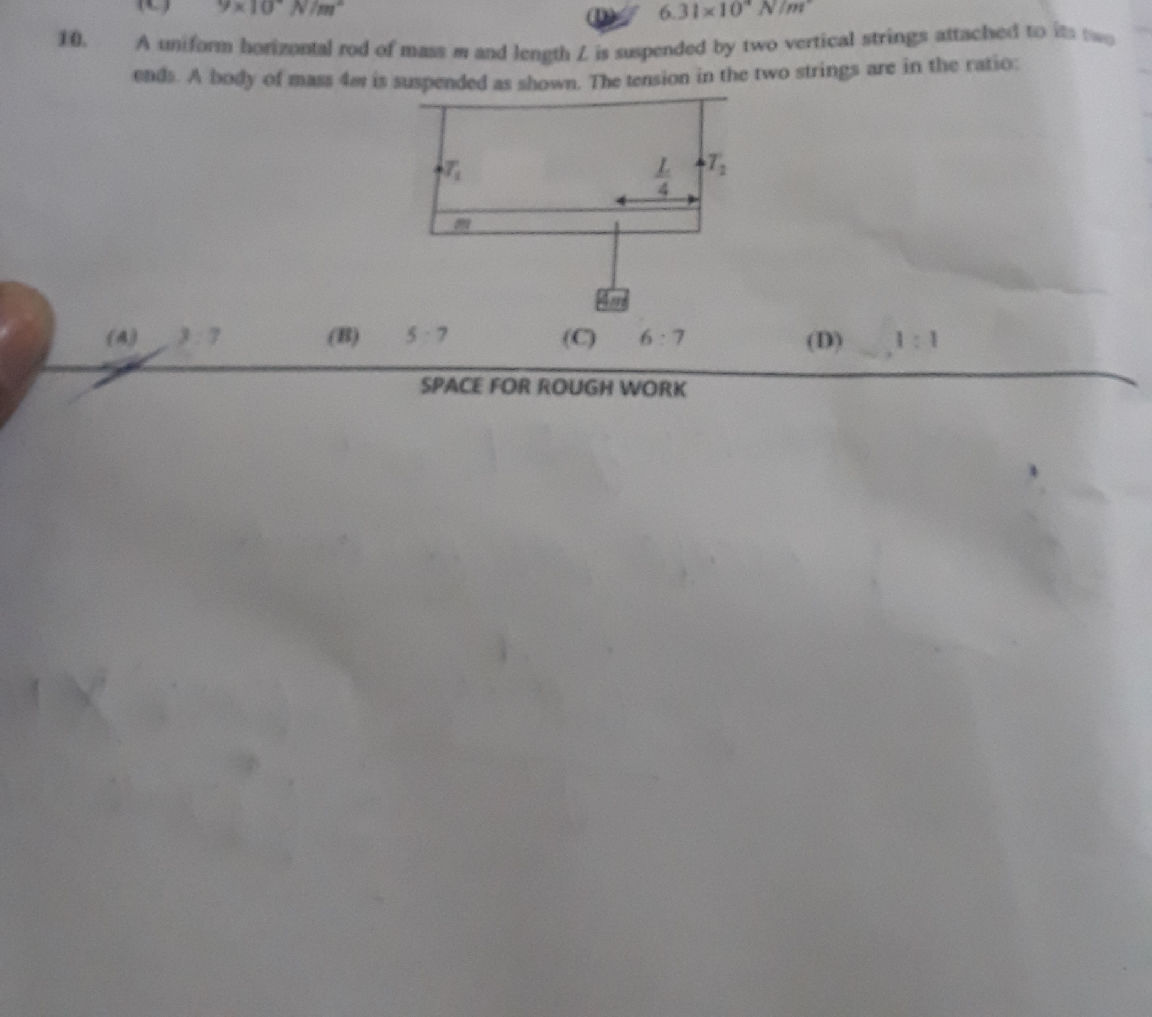 10. A uniform horizontal rod of mass $m$ and | StudyX
