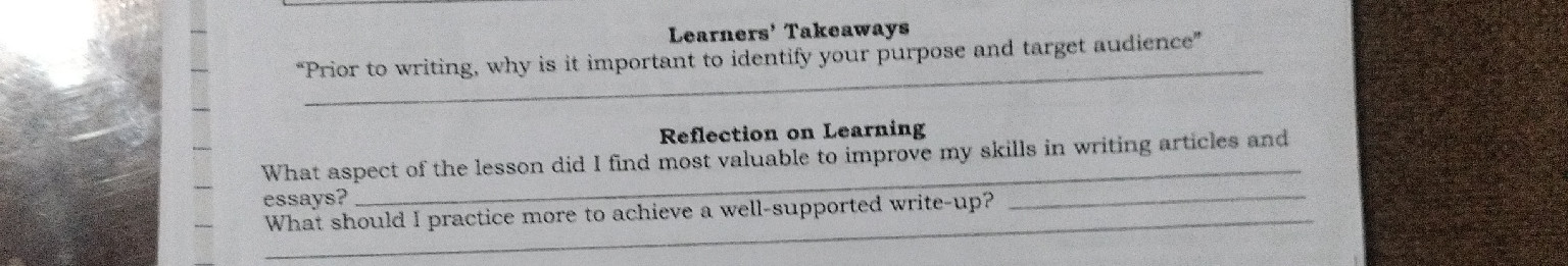 Learners' Takeaways "Prior to writing, why | StudyX