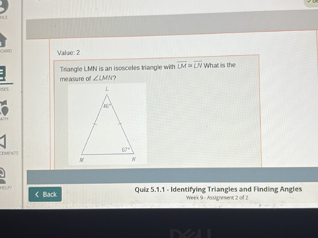 Triangle LMN is an isosceles triangle with $ | StudyX