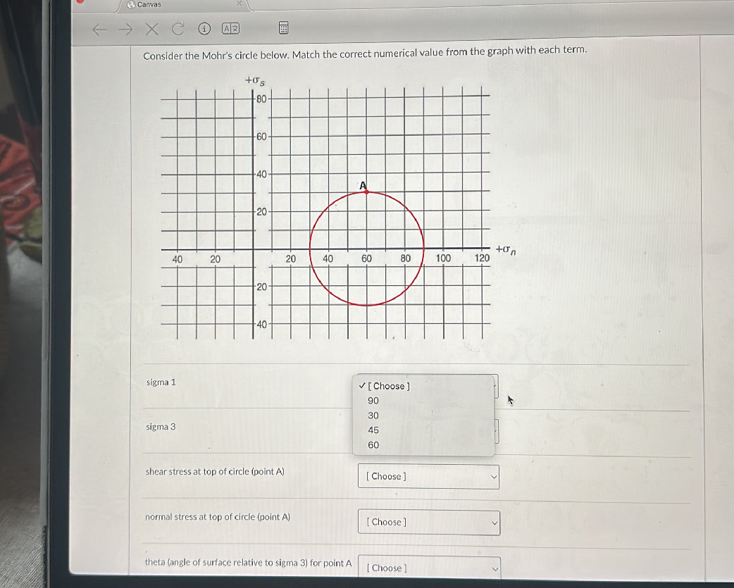 Consider the Mohr's circle below. Match the | StudyX