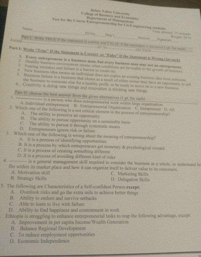 Part I: Write "True" If the Statement is | StudyX