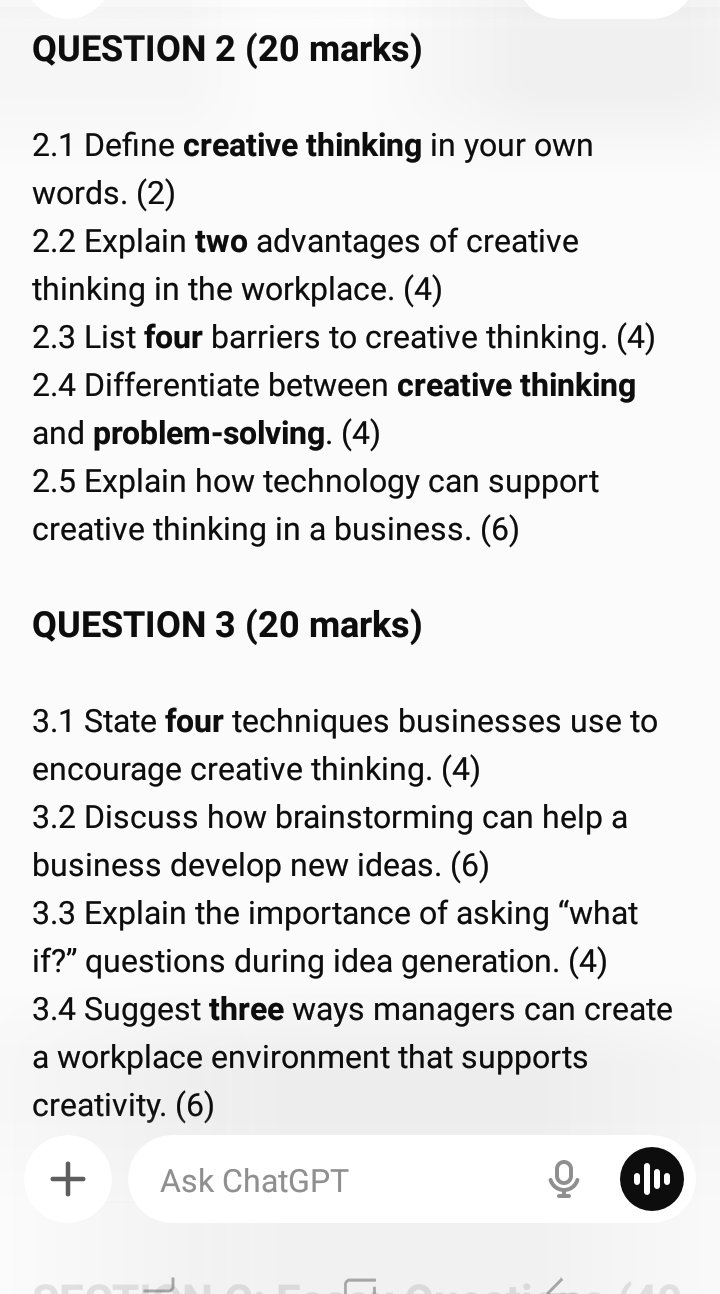 QUESTION 2 (20 marks) 2.1 Define creative | StudyX