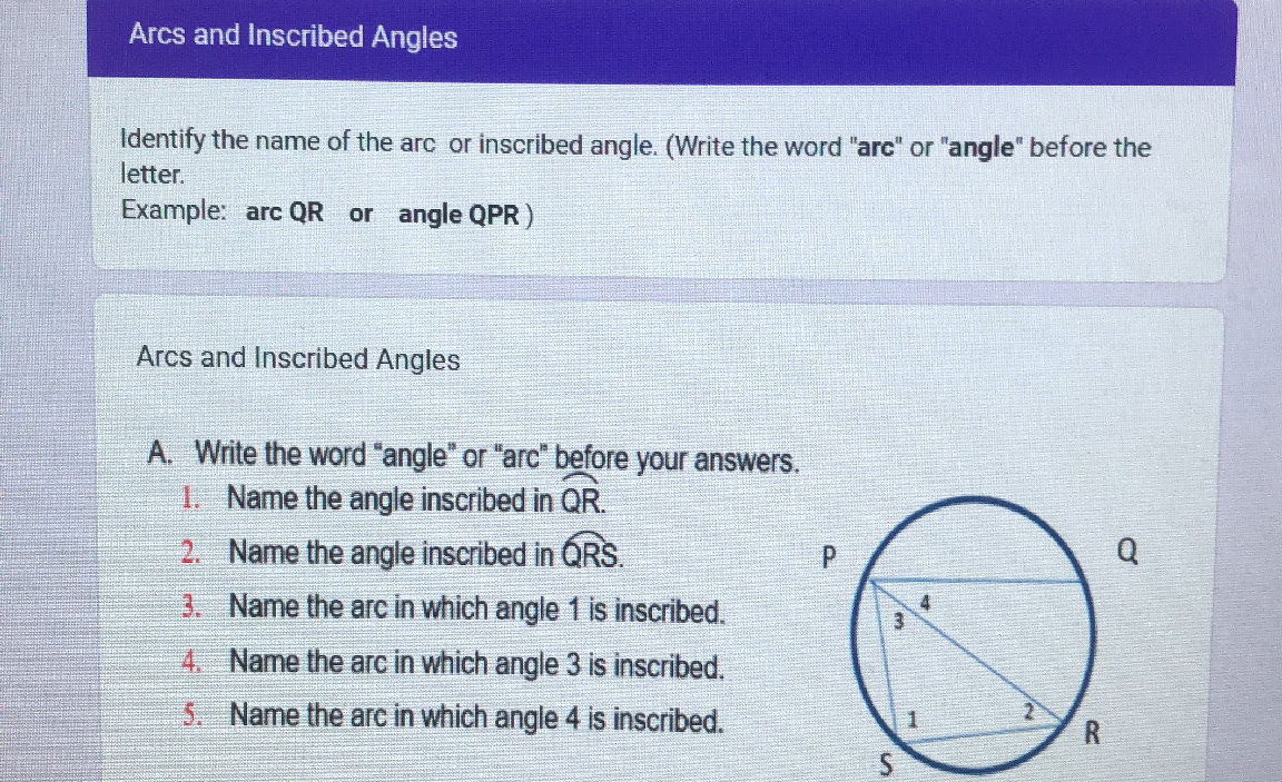 Arcs and Inscribed Angles Identify the name | StudyX