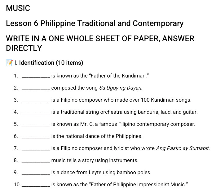 MUSIC Lesson 6 Philippine Traditional and | StudyX
