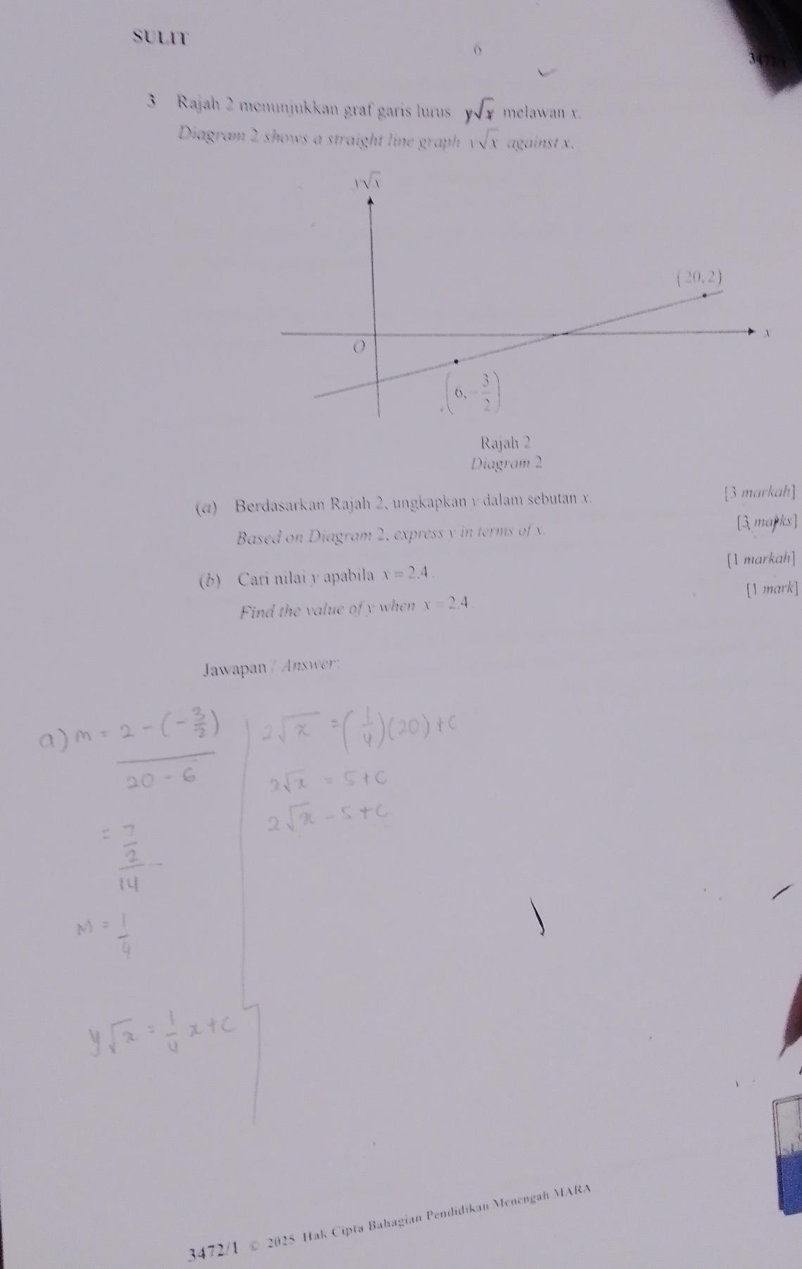 3 Rajah 2 menunjukkan graf garis lurus $y | StudyX