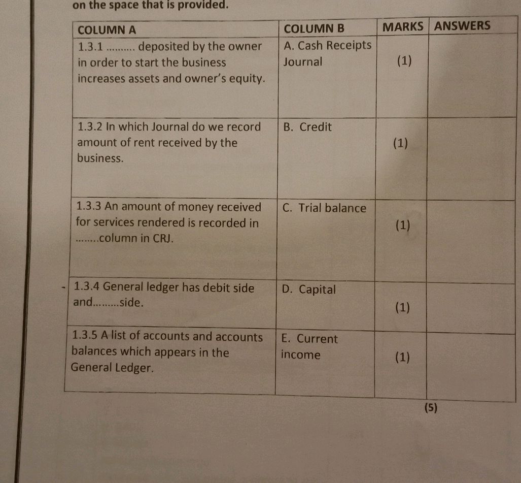 COLUMN A | COLUMN B | MARKS | ANSWERS | StudyX