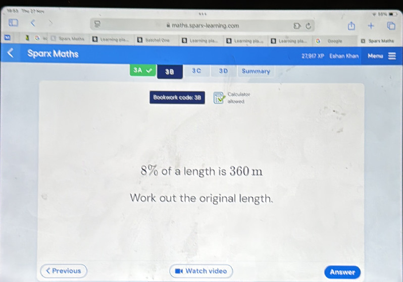 8% of a length is 360 m Work out the