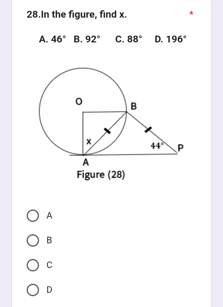 28.In the figure, find x. A. 46° B. 92° C. | StudyX