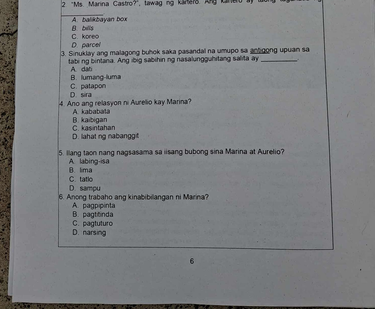 "Ms. Marina Castro?", tawag ng kartero. Ang | StudyX