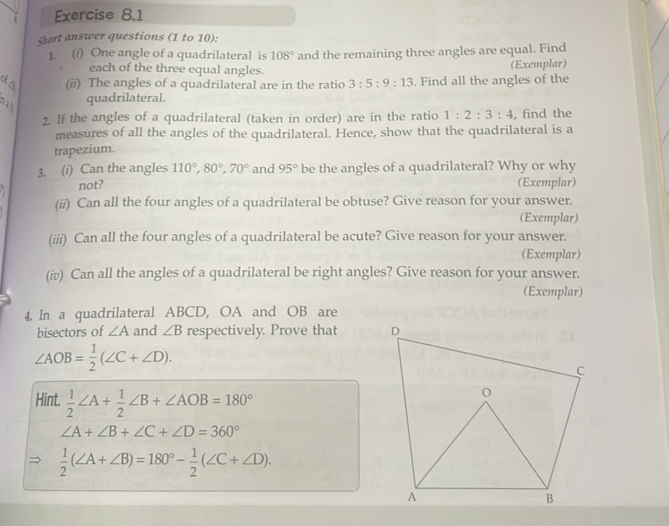 1. (i) One angle of a quadrilateral is 108° | StudyX