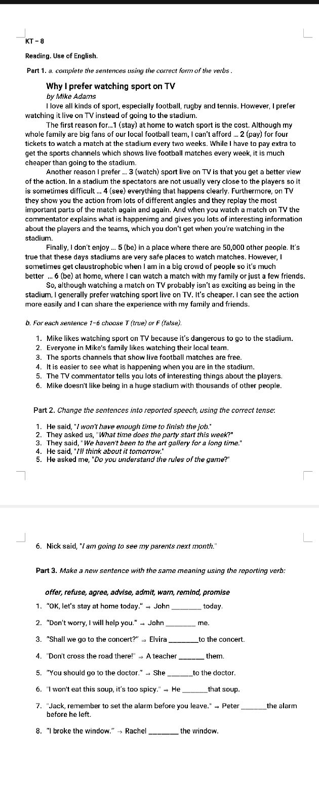Part 1. a. complete the sentences using the | StudyX