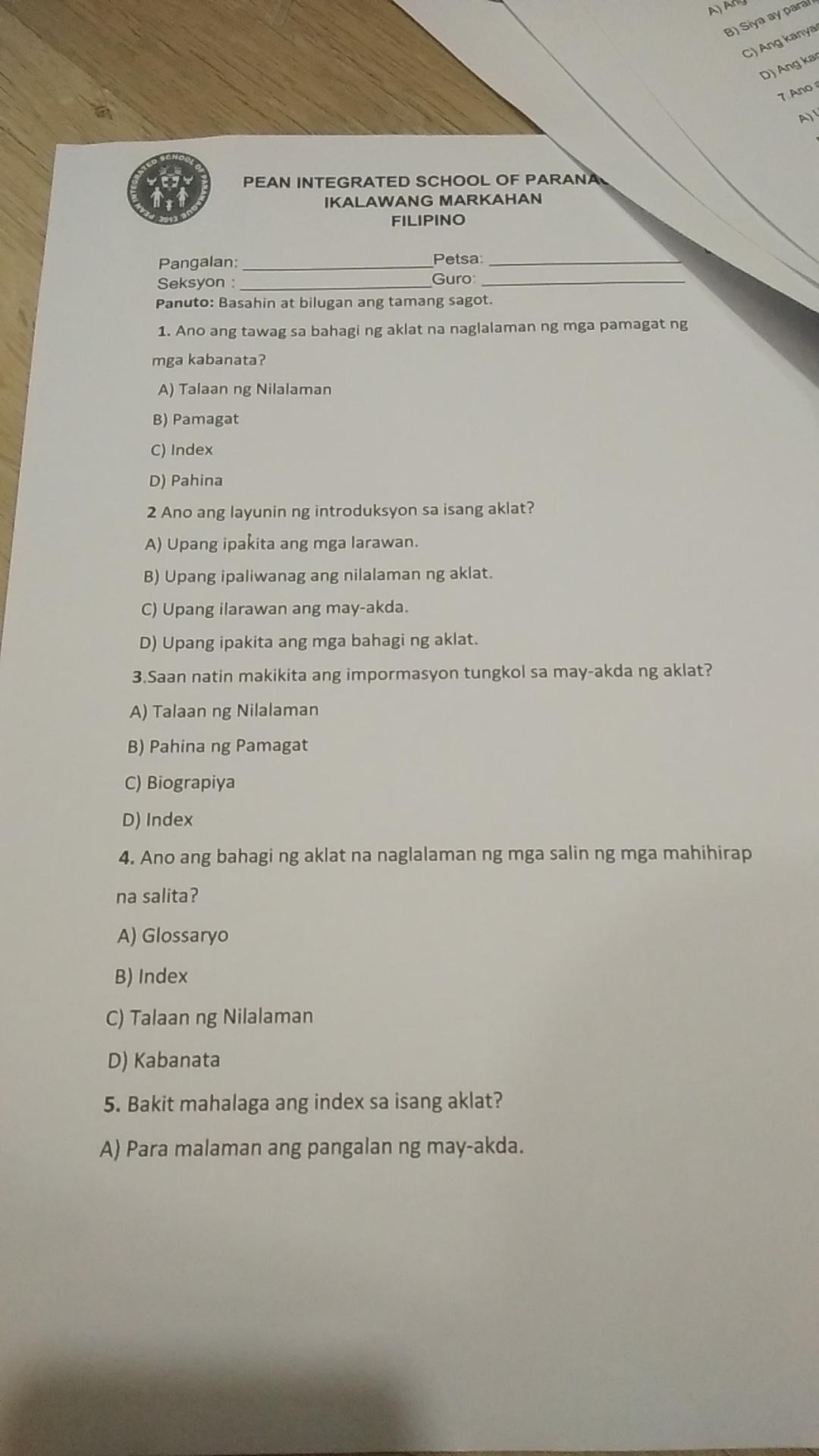4. Ano ang bahagi ng aklat na naglalaman ng | StudyX