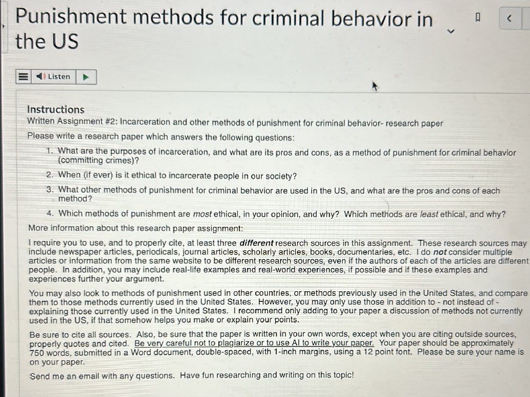 Punishment methods for criminal behavior in | StudyX