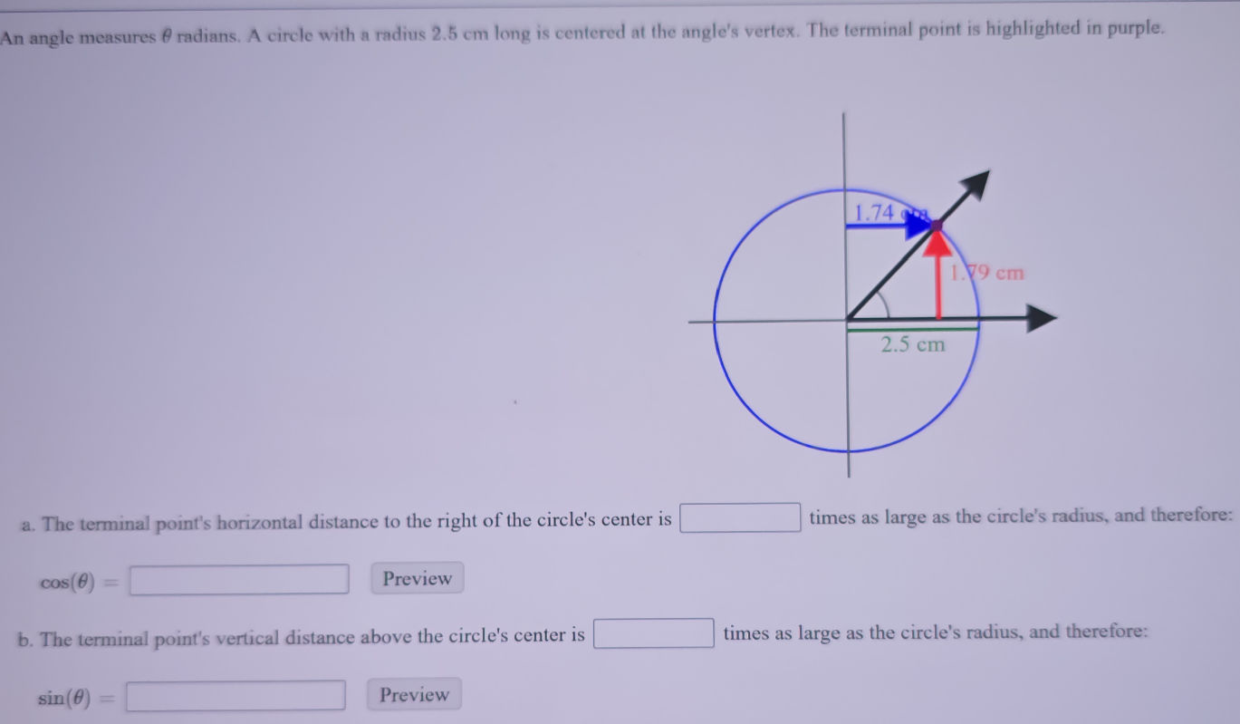 An angle measures $ $ radians. A circle with | StudyX