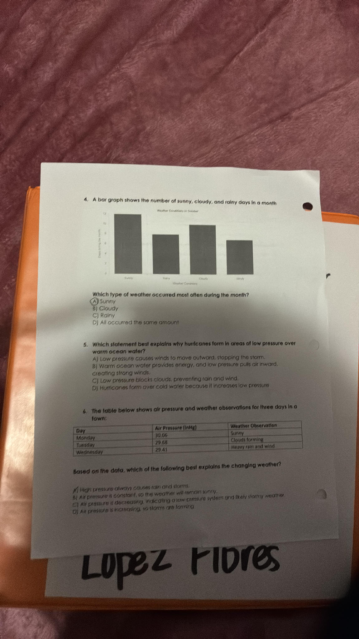 4. A bar graph shows the number of sunny, | StudyX